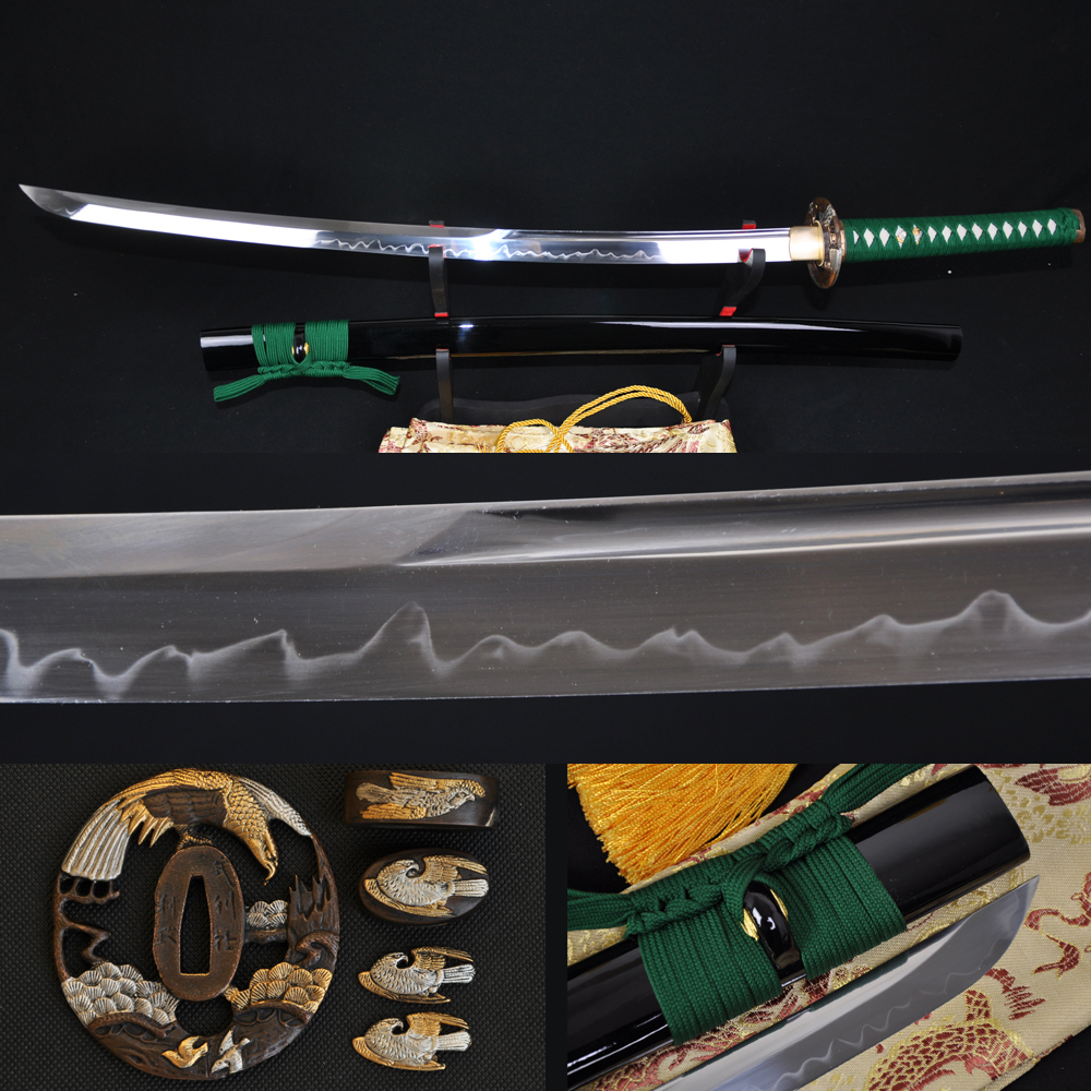 Green Tsuka-ito Japanese Samurai Sword KATANA Unokubi-Zukuri Full Tang ...