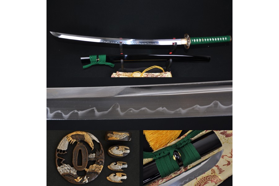 Green Tsuka-ito Japanese Samurai Sword KATANA Unokubi-Zukuri Full Tang ...