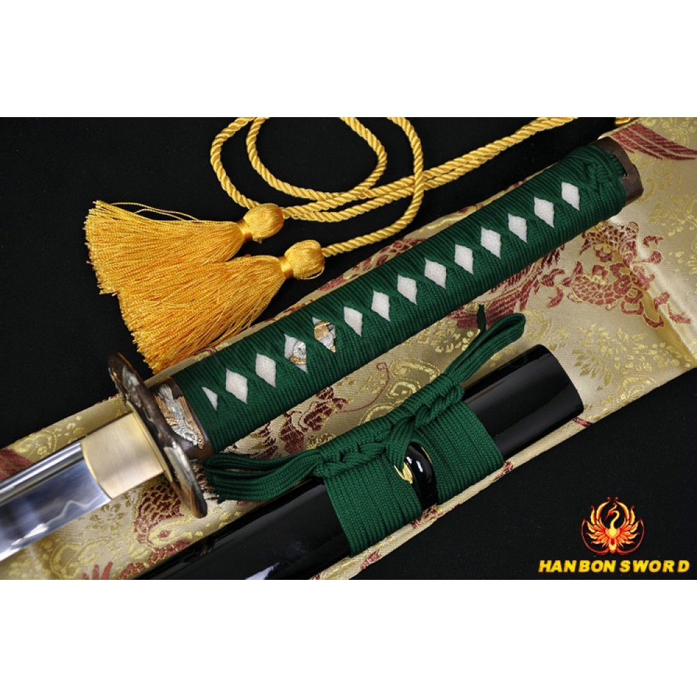 Green Tsuka-ito Japanese Samurai Sword KATANA Unokubi-Zukuri Full Tang ...