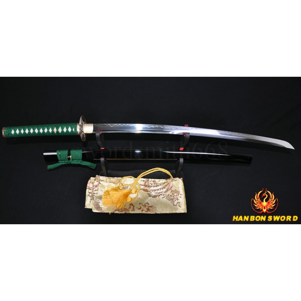 Green Tsuka-ito Japanese Samurai Sword KATANA Unokubi-Zukuri Full Tang ...
