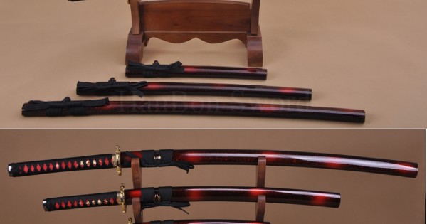 Japanese Samurai Sword Set | Katana, Wakizashi & Tanto with Black Full ...