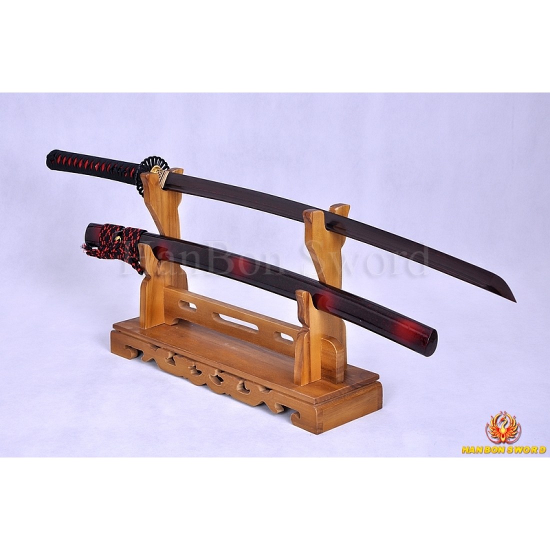 Black&Red Damascus Oil Quenched Full Tang Blade Iron Koshirae Japanese ...