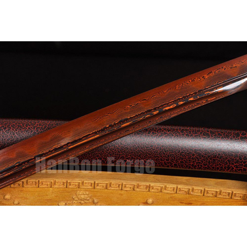 Japanese Sword Handmade Full Tang Red Damascus Steel Blade Clay ...