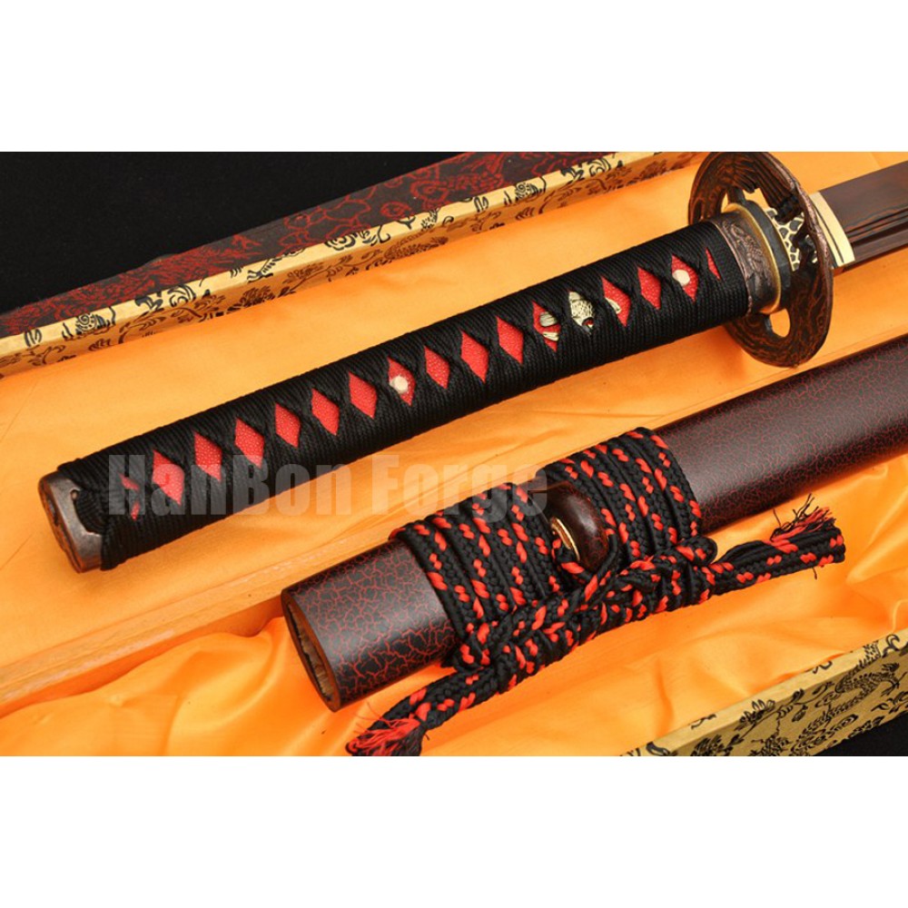 Japanese Sword Handmade Full Tang Red Damascus Steel Blade Clay ...