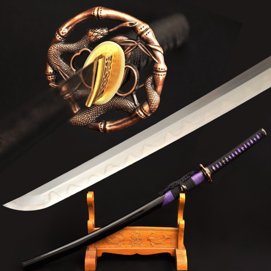 Samurai Japanese Katana Sword Folded Damascus Steel Clay Tempered Blade ...