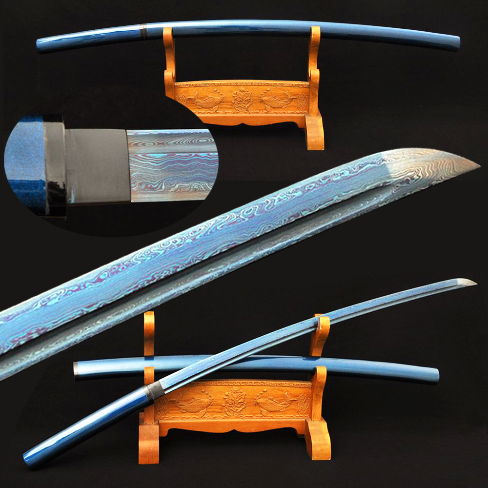 Japanese Katana Samurai Shirasaya Blue Blade Sword Damascus Folded ...