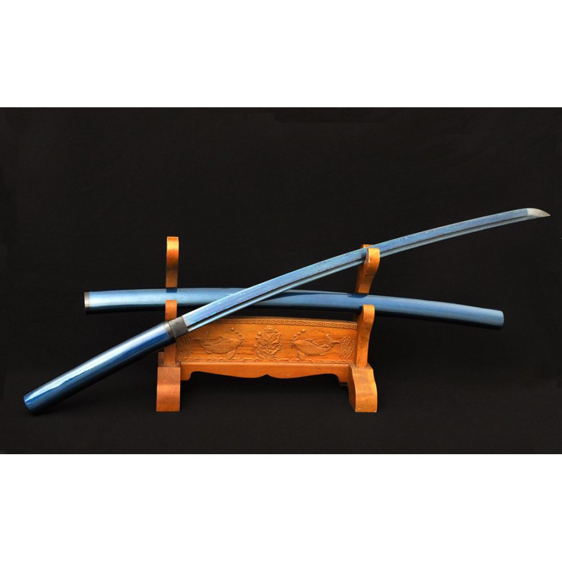 Japanese Katana Samurai Shirasaya Blue Blade Sword Damascus Folded ...