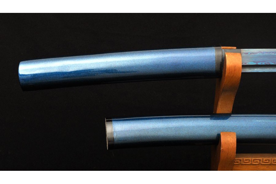 Japanese Katana Samurai Shirasaya Blue Blade Sword Damascus Folded ...