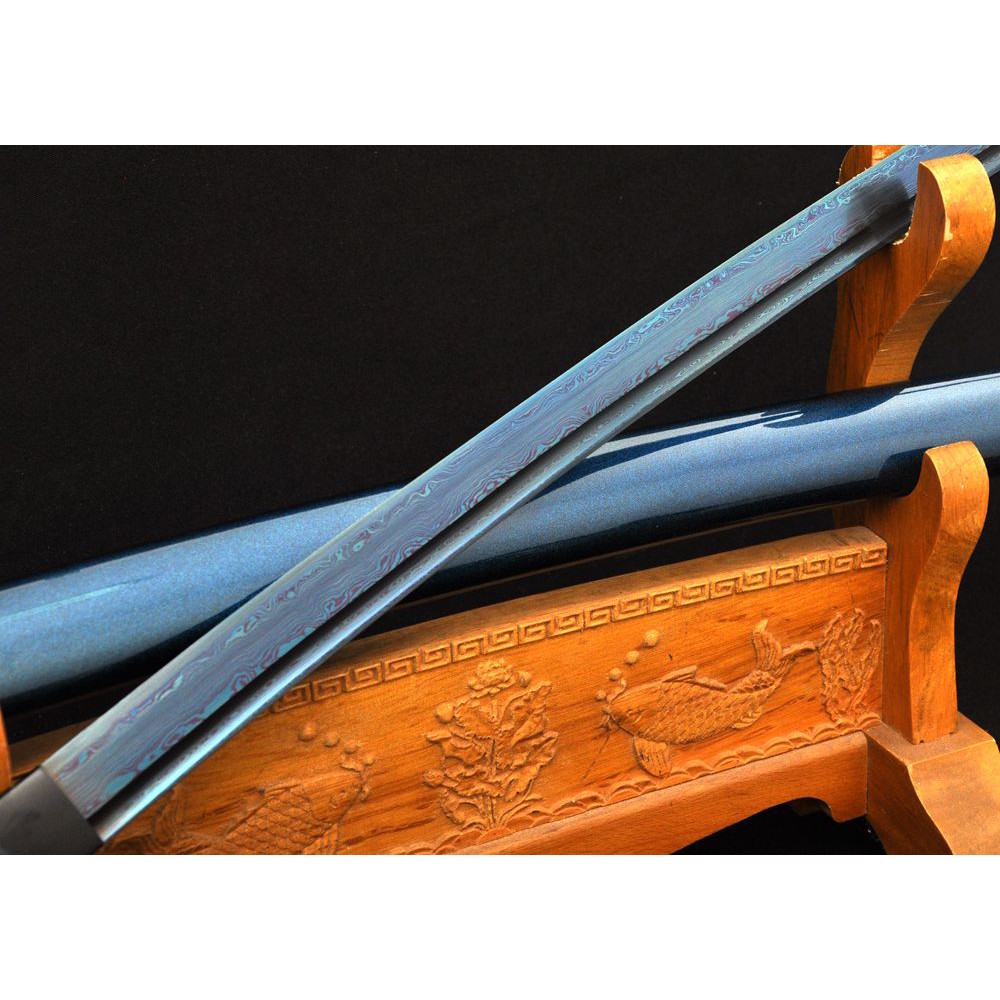 Japanese Katana Samurai Shirasaya Blue Blade Sword Damascus Folded ...