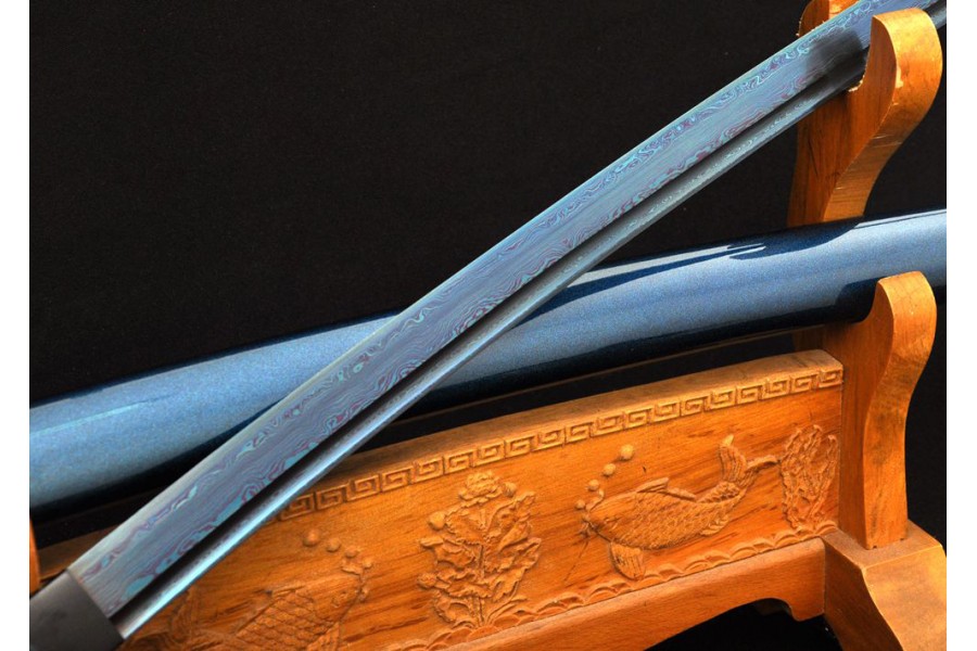 Japanese Katana Samurai Shirasaya Blue Blade Sword Damascus Folded ...