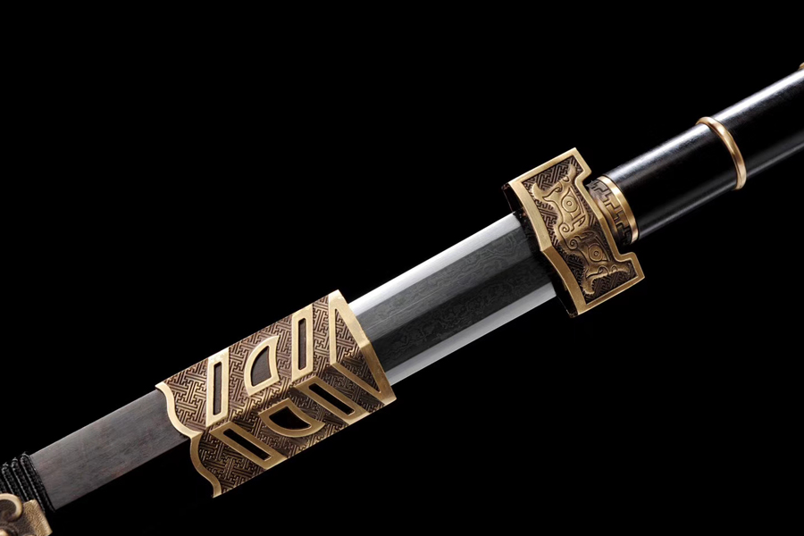 Chinese Ruyi Sword Jian Damascus Folded Steel Ebony Wood Sheath Full ...