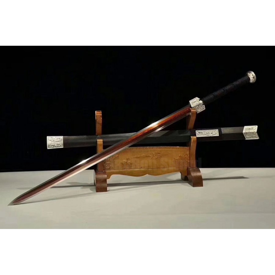 Red Han Jian Sword - Damascus Folded Steel, Silver-Plated Dragon ...