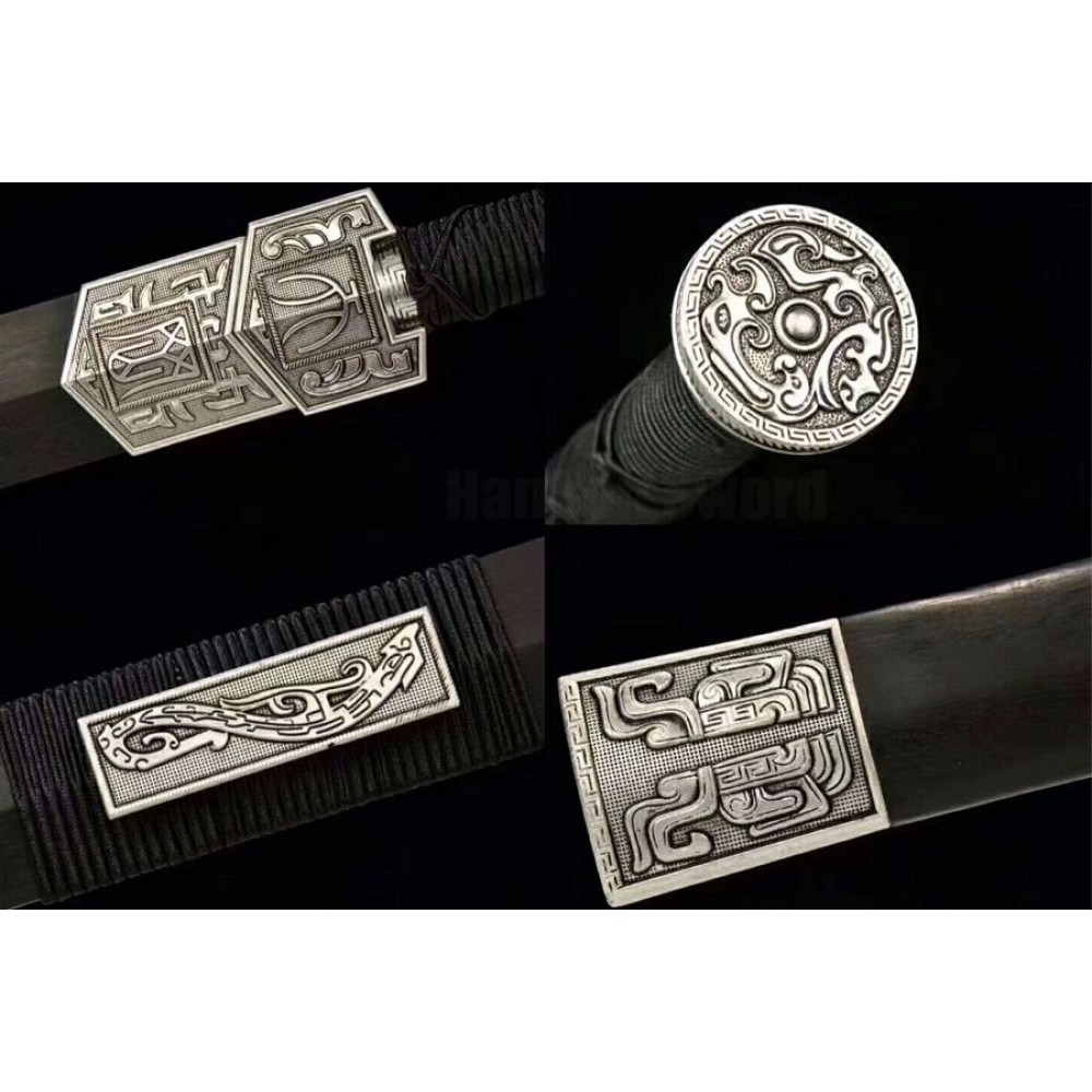 Red Han Jian Sword - Damascus Folded Steel, Silver-Plated Dragon ...