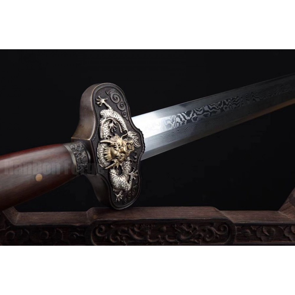 Dragon Jian Chinese Sword - Hazuya Polished Damascus Steel | HanBon Forge