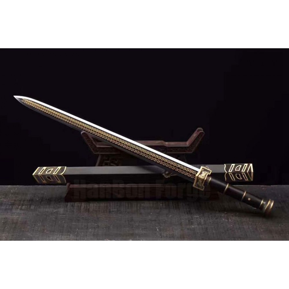Ruyi Jian Chinese Sword Fire Pattern Blade Damascus Folded Steel Ebony ...