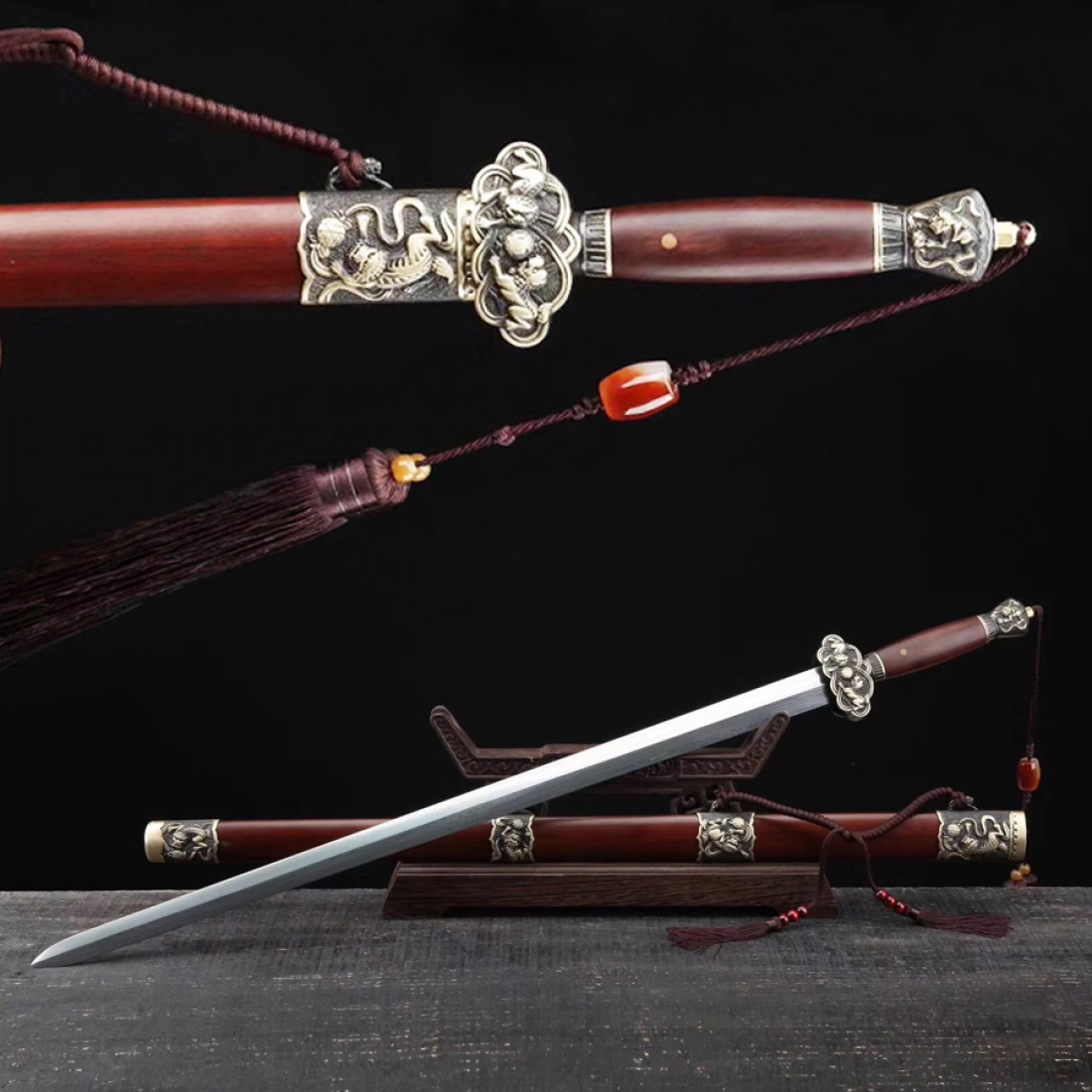 Chinese Lion Jian Sword - Damascus Folded Steel, Rosewood Scabbard ...