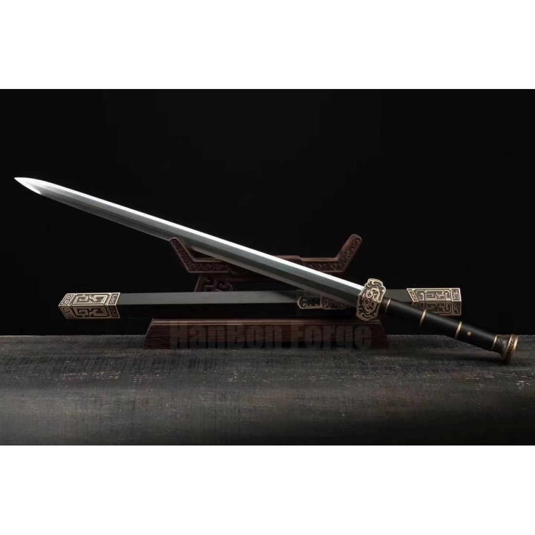 Chinese Han Jian Sword - Damascus Folded Steel, Ebony Sheath | HanBon Forge