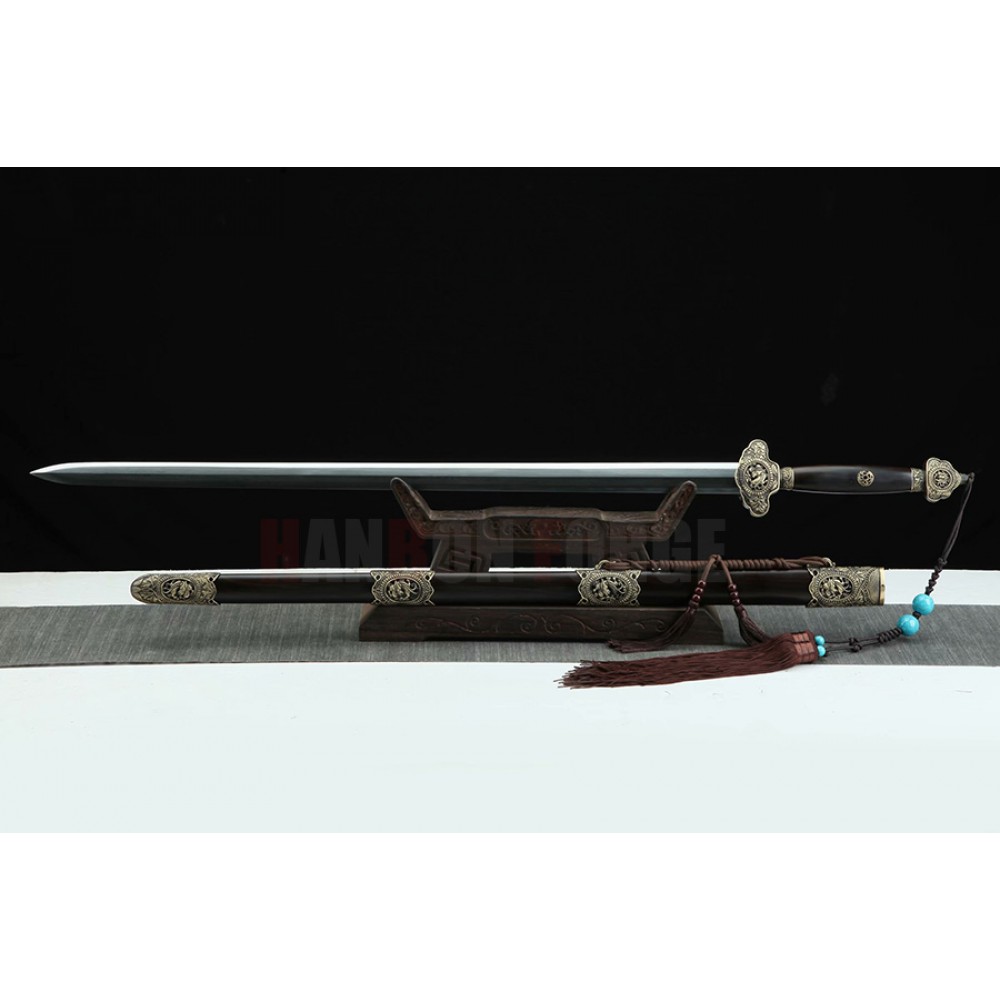 Handmade Chinese Wenjun Jian Sword Pattern Steel Blade Brass Fittings