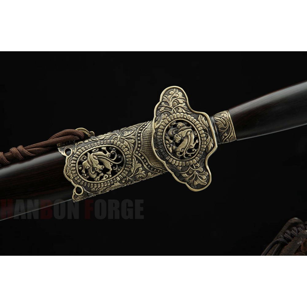 Handmade Chinese Wenjun Jian Sword Pattern Steel Blade Brass Fittings