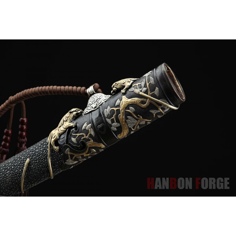 Hand Forged Japanese Saber fully rayskin saya clay tempered blade brass ...