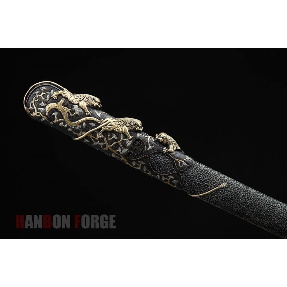 Hand Forged Japanese Saber fully rayskin saya clay tempered blade brass ...