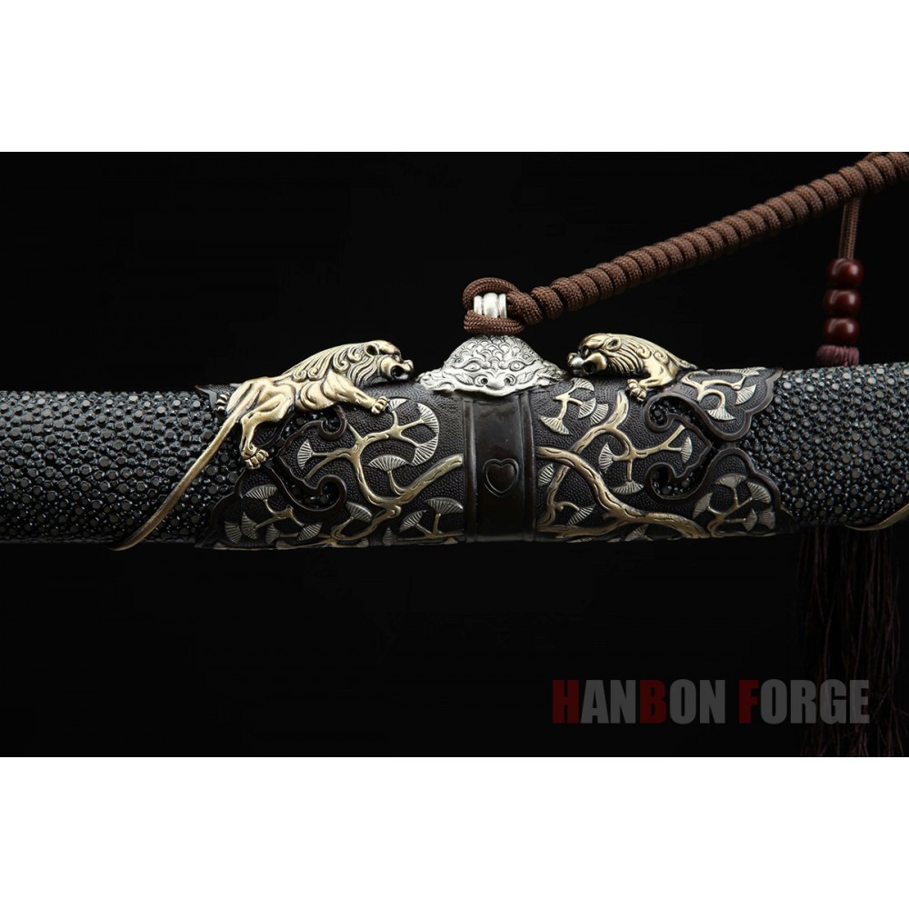 Hand Forged Japanese Saber fully rayskin saya clay tempered blade brass ...