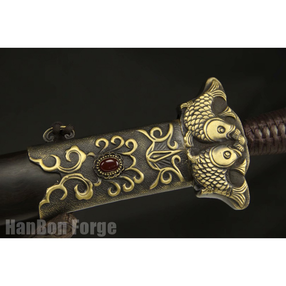 Chinese Sword Double Fishes Jian Pattern Steel Clay Tempered Fully ...