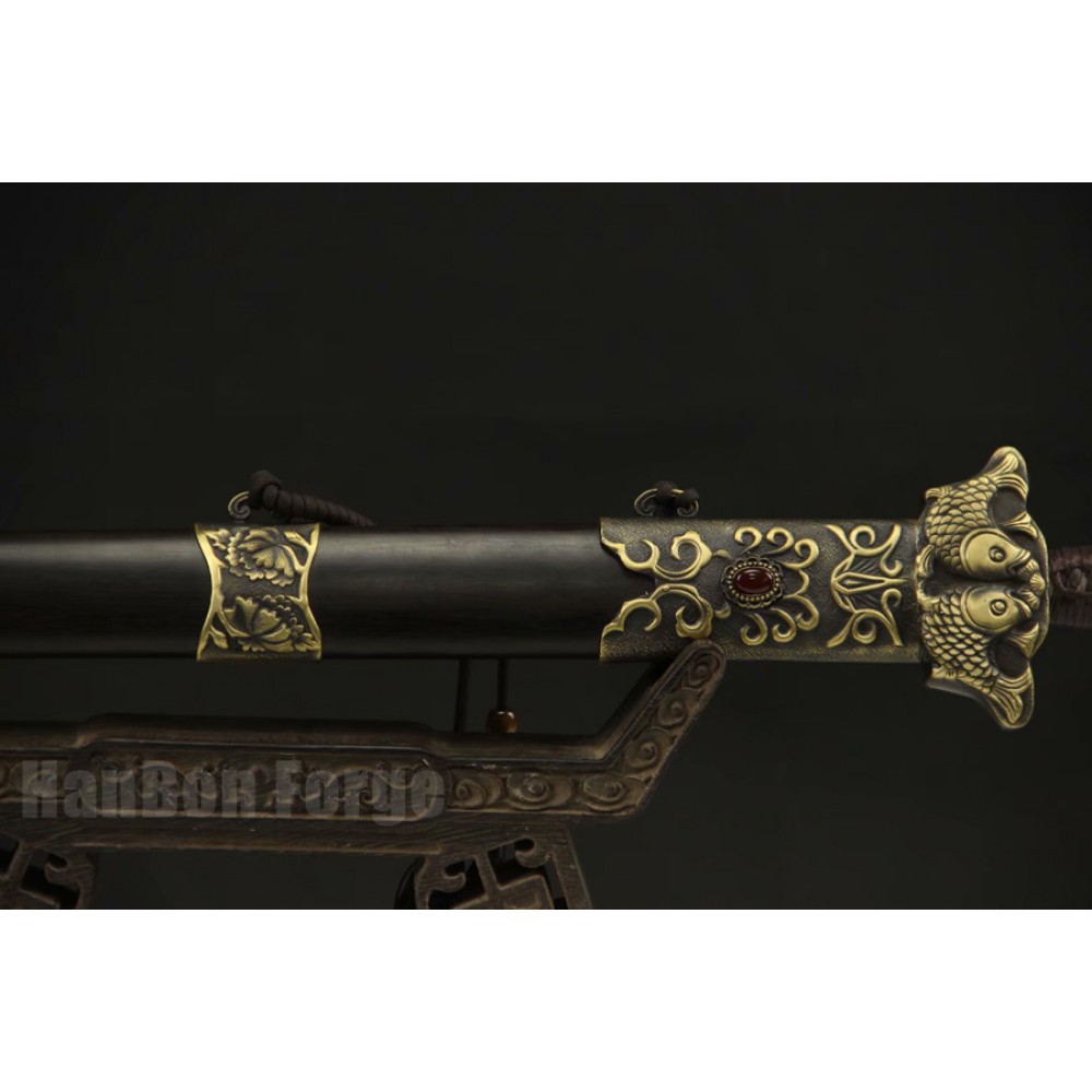 Chinese Sword Double Fishes Jian Pattern Steel Clay Tempered Fully ...