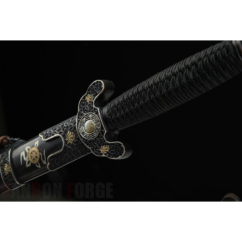 Chinese Eight Diagrams Fumo Jian Pattern Steel Blade Brass Wraped Scabbard