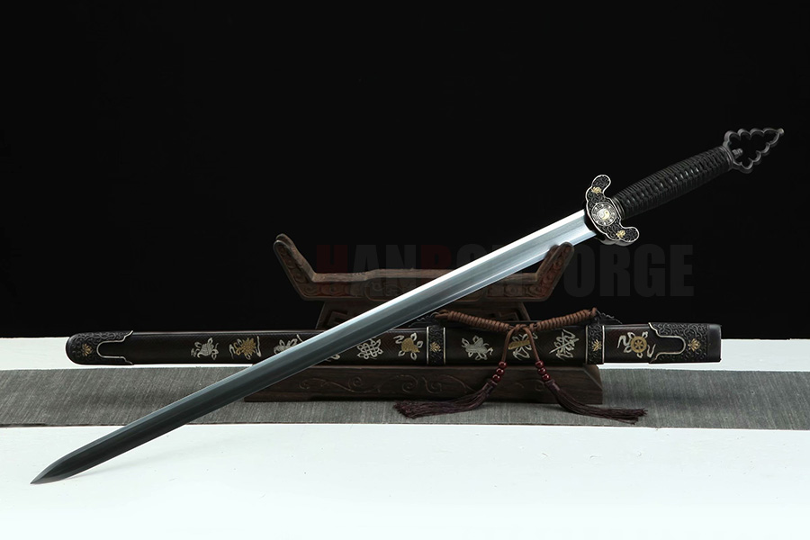 Chinese Eight Diagrams Fumo Jian Pattern Steel Blade Brass Wraped Scabbard