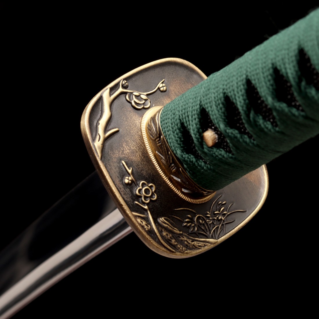 1095 High Carbon Steel Katana – Green Tsuka-Ito, Bamboo Tsuba, Mirror ...