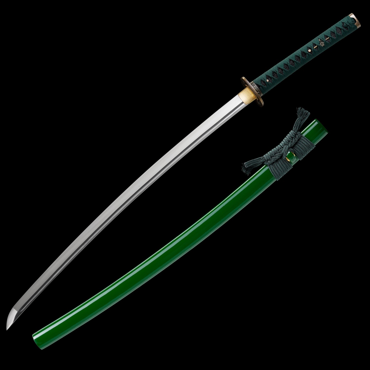 1095 High Carbon Steel Katana – Green Tsuka-Ito, Bamboo Tsuba, Mirror ...