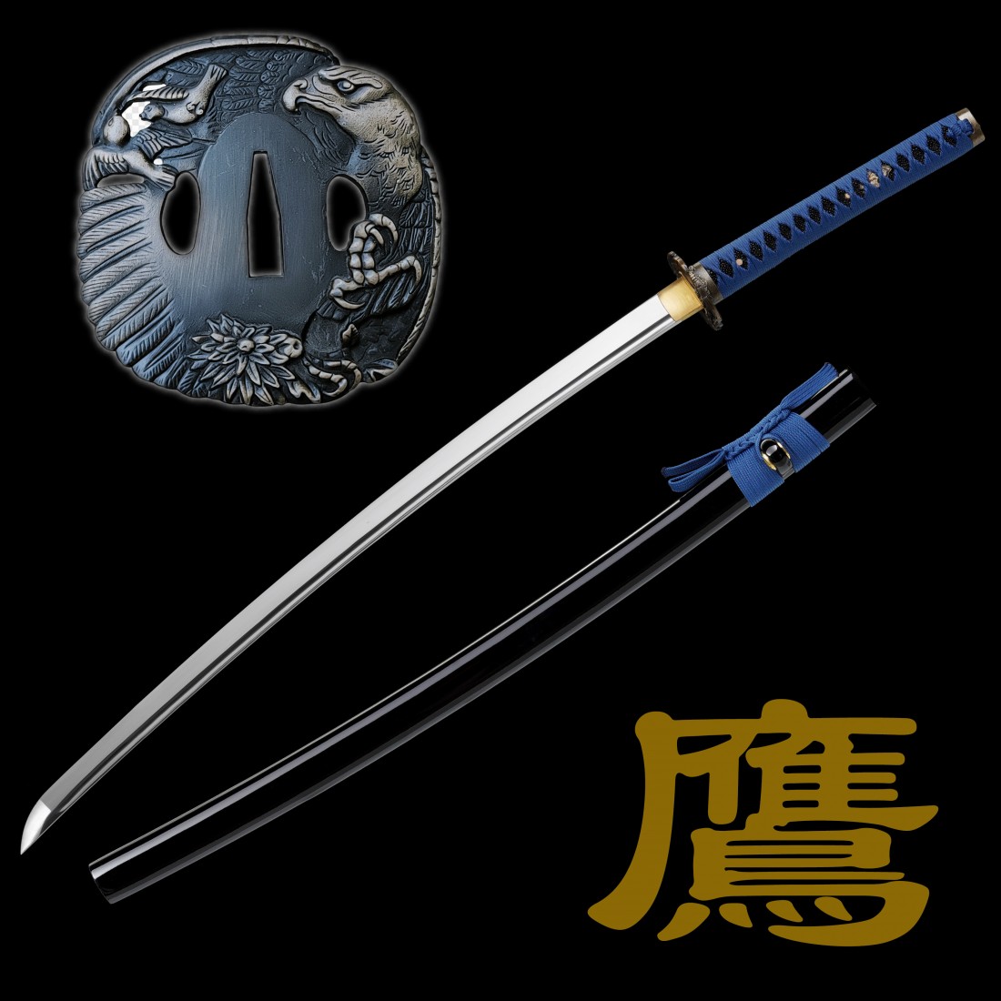 Handmade T10 Steel Katana Sword | Blue Ito, Black Rayskin, Eagle ...