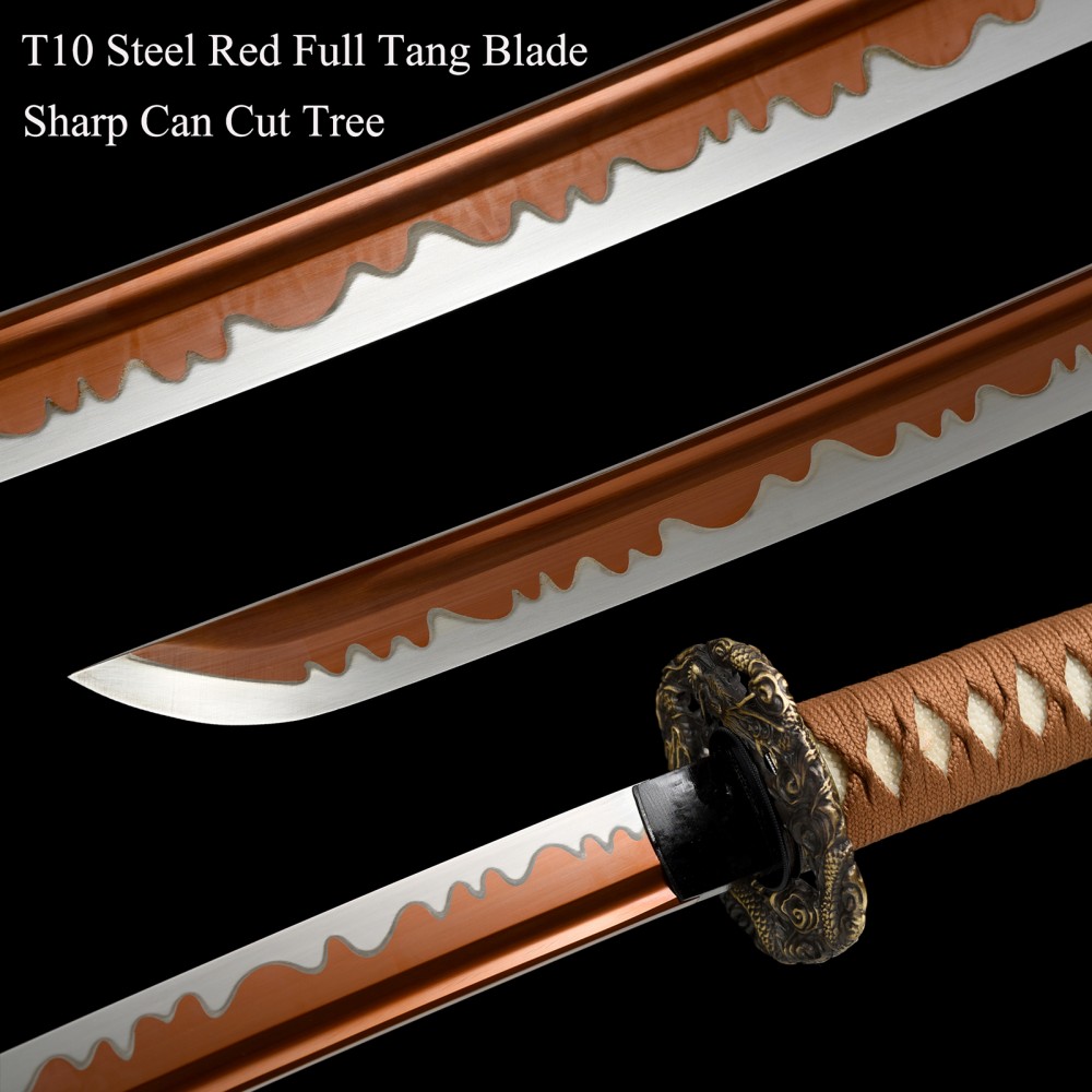 HanBon Forge Samurai Katana Sword Real T10 steel Full Tang Red Blade ...